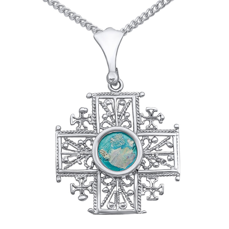 Roman Glass 'Jerusalem Cross' Filigree Pendant - Made in Israel