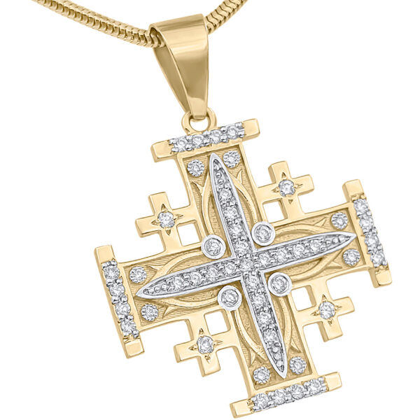14k Gold Jerusalem Cross Pendant with Diamonds - Made in Israel