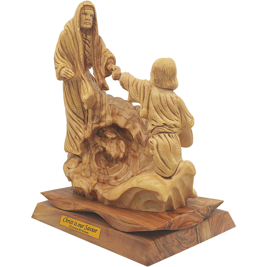 'Jesus Saves' Walking on Water with Peter - Olive Wood Statue - 9"