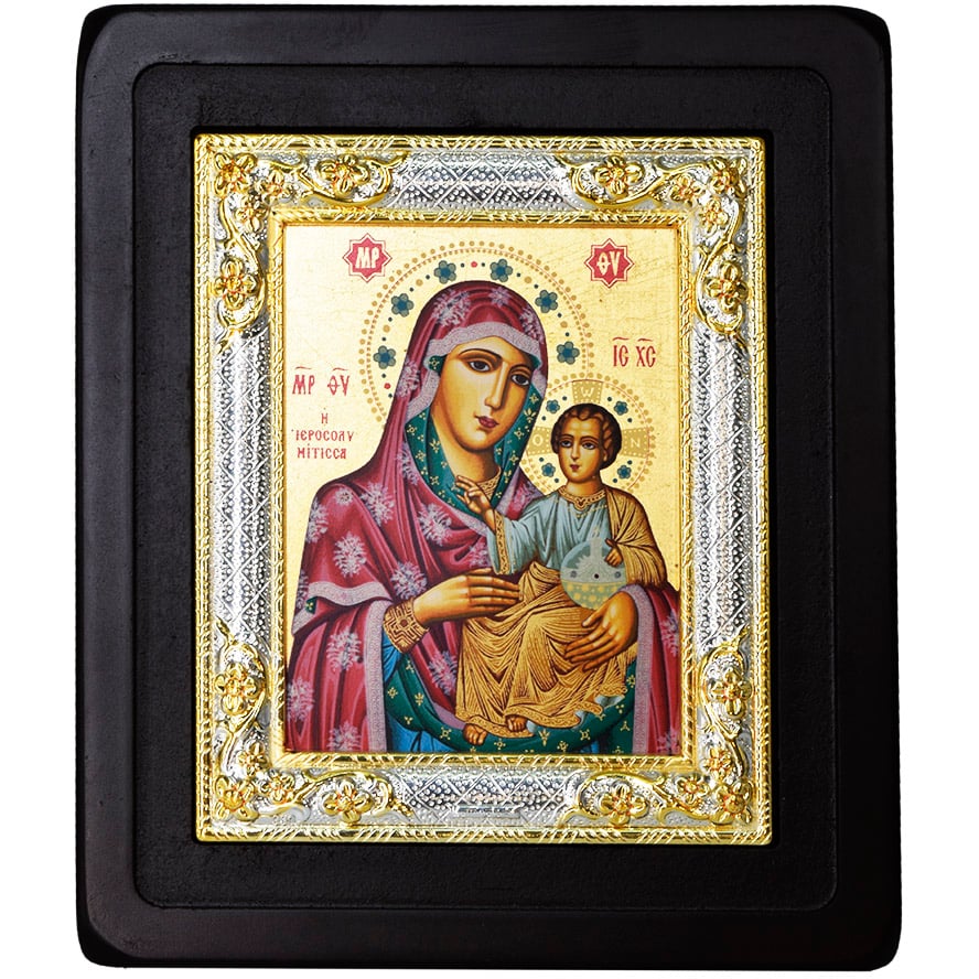 Silver Icon of 'Virgin Mary and Baby Jesus' in Black Wood