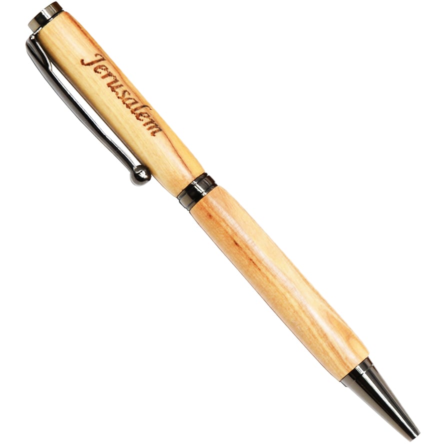 Olive Wood Pen and Case Set with 'Jerusalem' Engraving