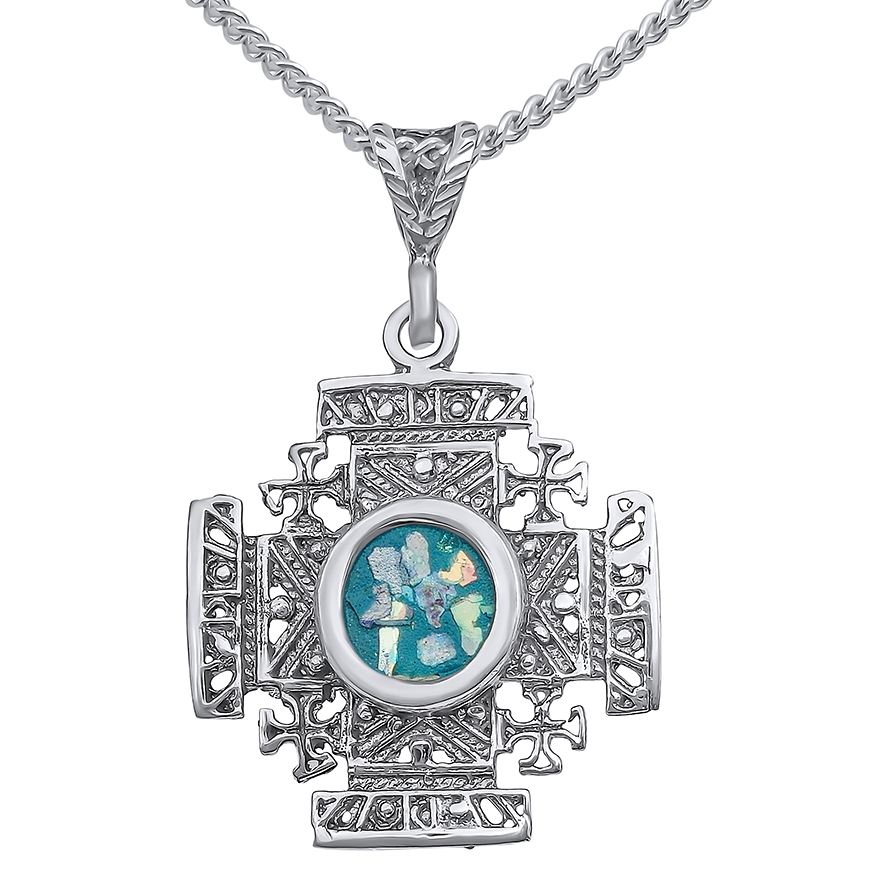Roman Glass 'Jerusalem Cross' Pendant: Handcrafted in Israel